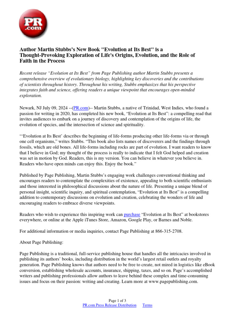 Author Martin Stubbs's New Book "Evolution at Its Best" Is A Thought ...