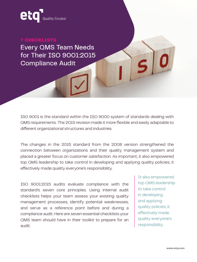 ETQ - Seven Checklists For ISO 9001 - 2015 Compliance | PDF | Quality ...