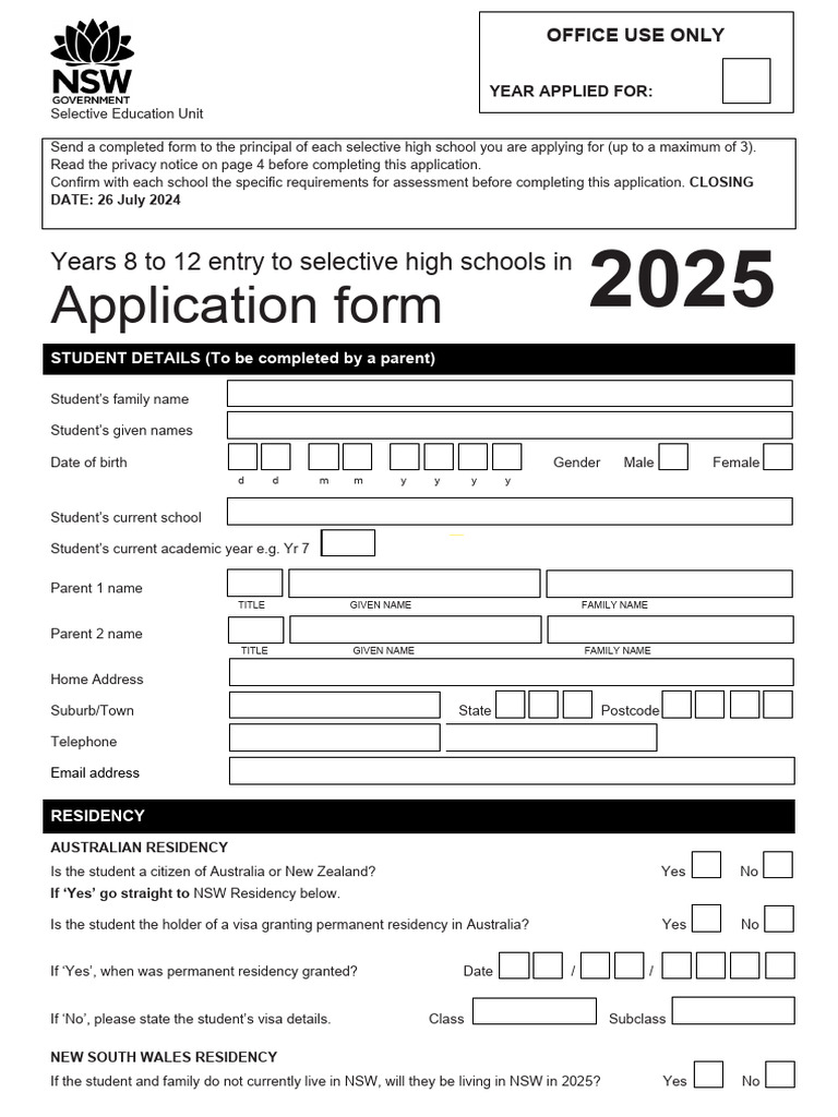 Selective School Application 2025 Form | PDF | Information