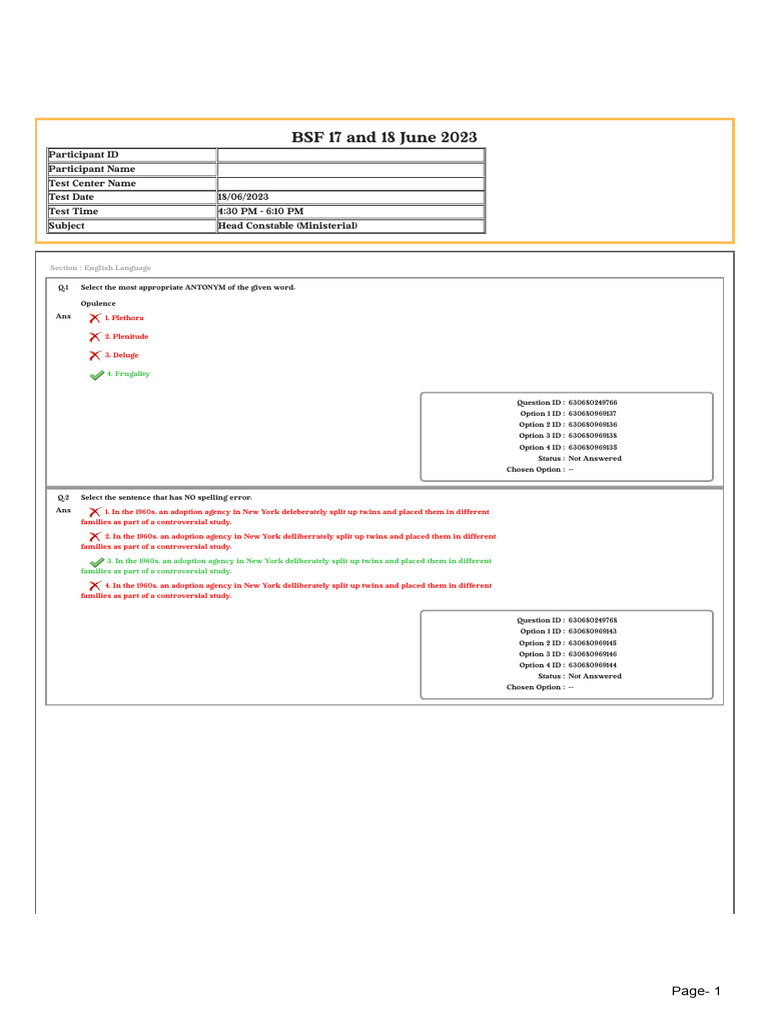 BSF Head Constable Ministerial Official Paper Held On 18 Jun 2023 Shift ...