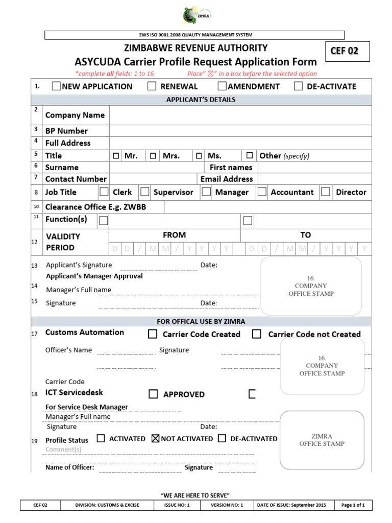 ASYCUDA Carrier Profile Request Application Form Word | PDF | Computing