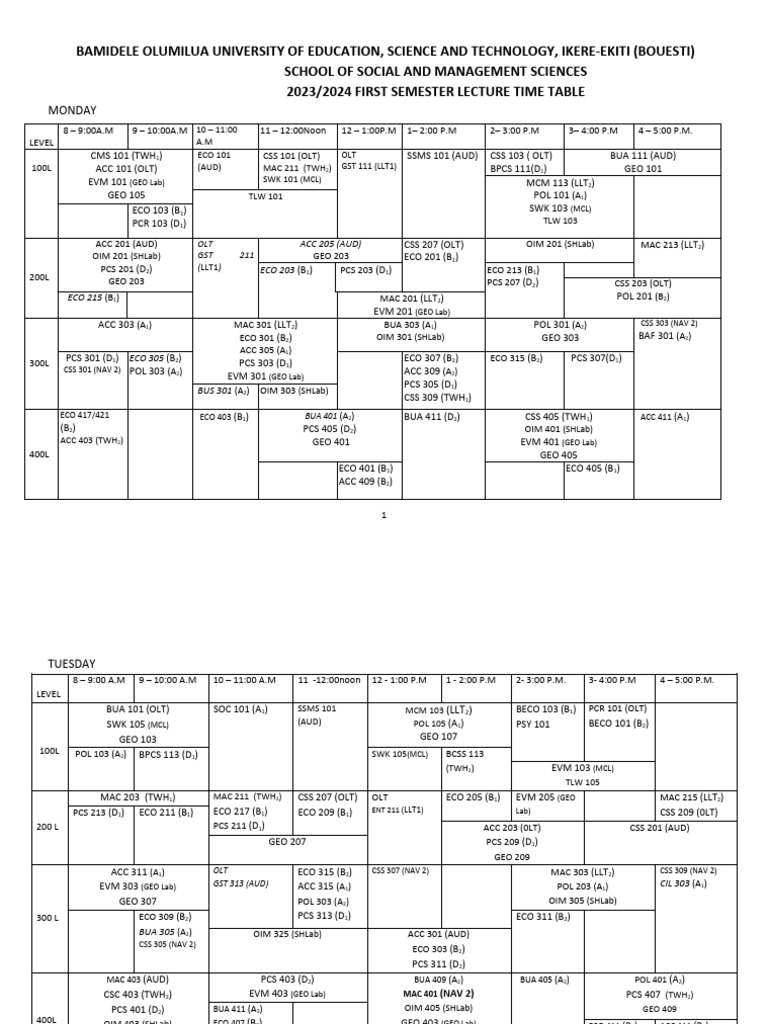 Ssms 202324 First Semester Lecture Time Table | PDF | Technology & Engineering