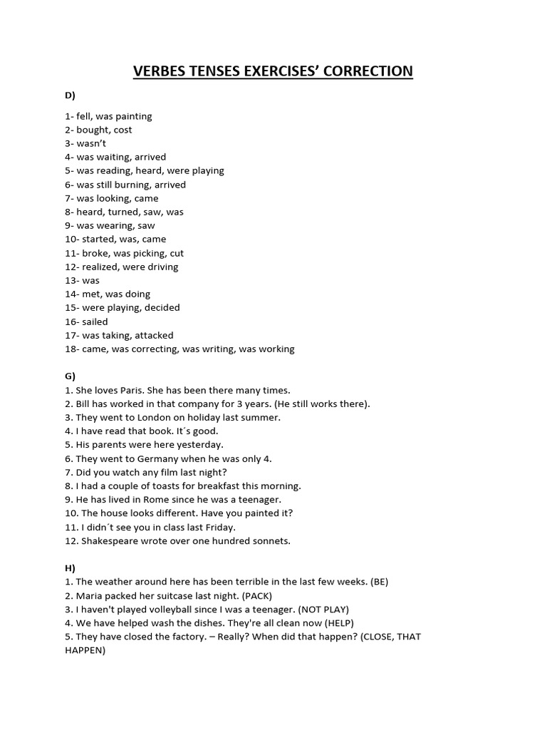 Verbes Tenses Exercises' Correction | PDF