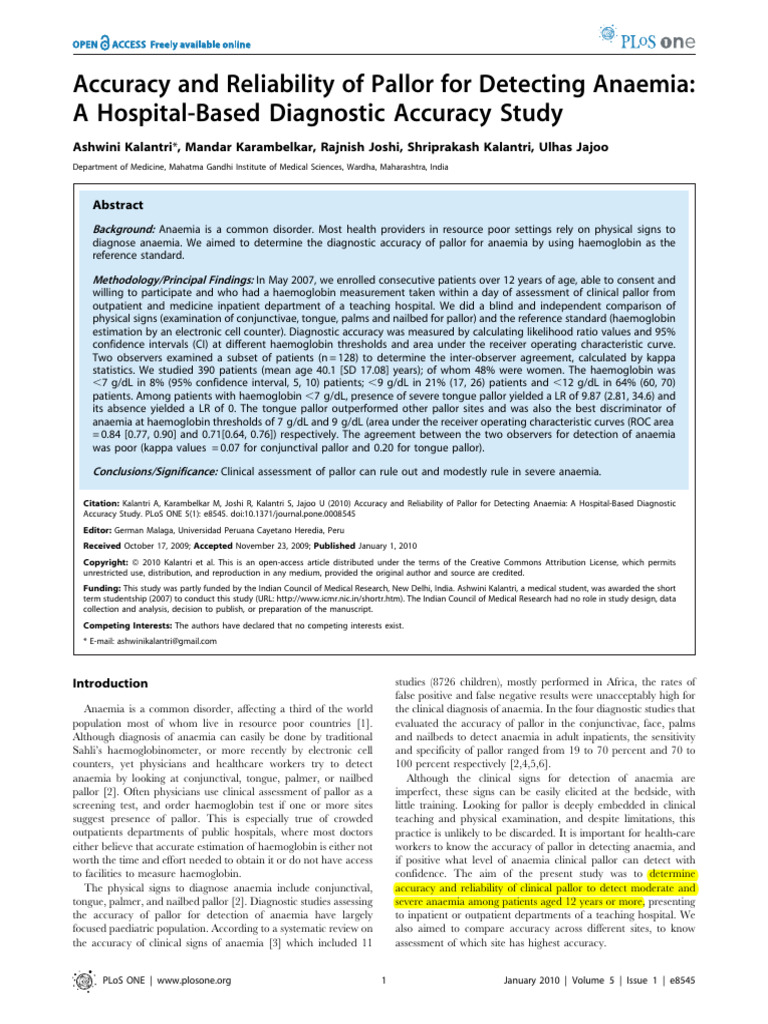 Pallor To Diagnose Anemia | PDF | Receiver Operating Characteristic ...