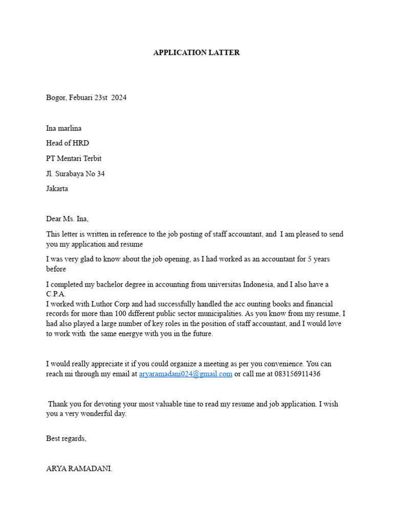 Staff Accountant Job Application Letter | PDF | Career & Growth | Business