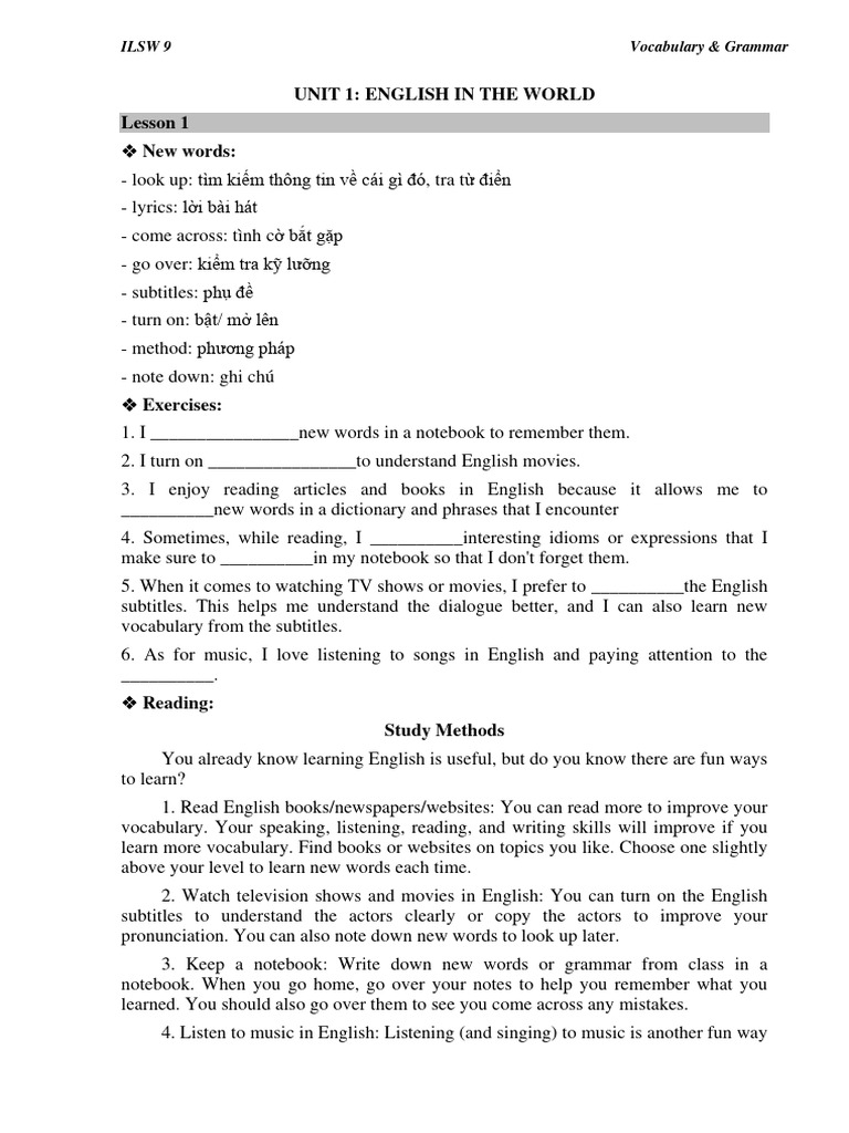 ILSW9 - U1 - Vocab & Grammar | PDF | English Language | Vocabulary