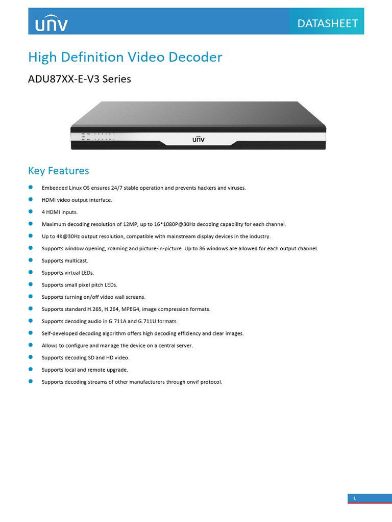 UNV 【Datasheet】ADU87XX-E-V3 Series High Definition Video Decoder V2.2-EN | PDF | Hdmi | Display ...