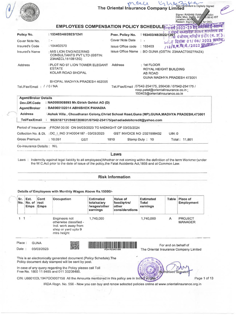 INSURANCE POLICY WC Lecpl | PDF