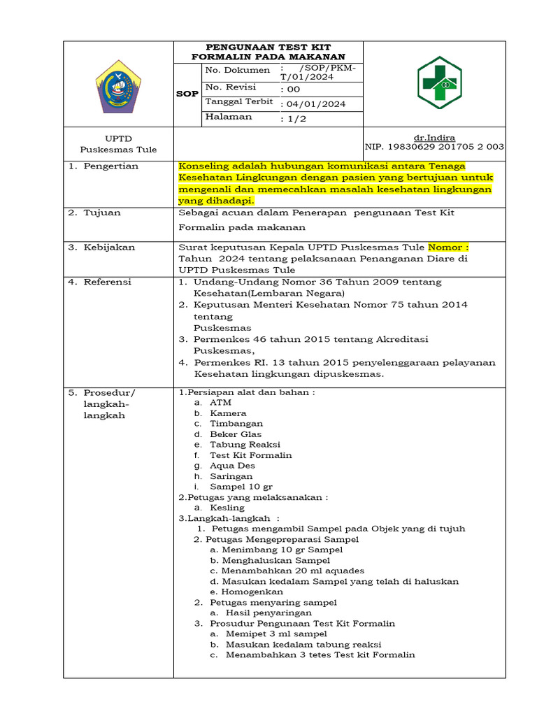 Sop Formalin Test Kit Pdf