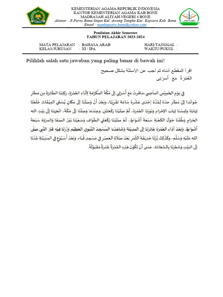 Soal Bahasa Arab Kelas Xi Sem.2 2024 | PDF