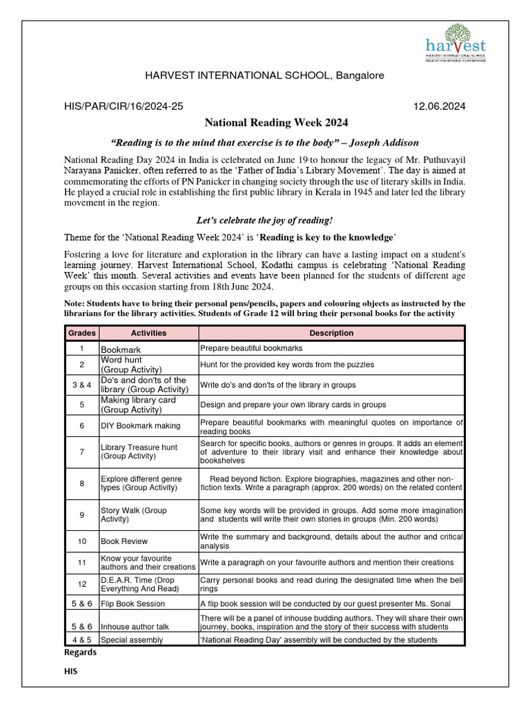 Circular 16 National Reading Week - 2024 | PDF | Libraries