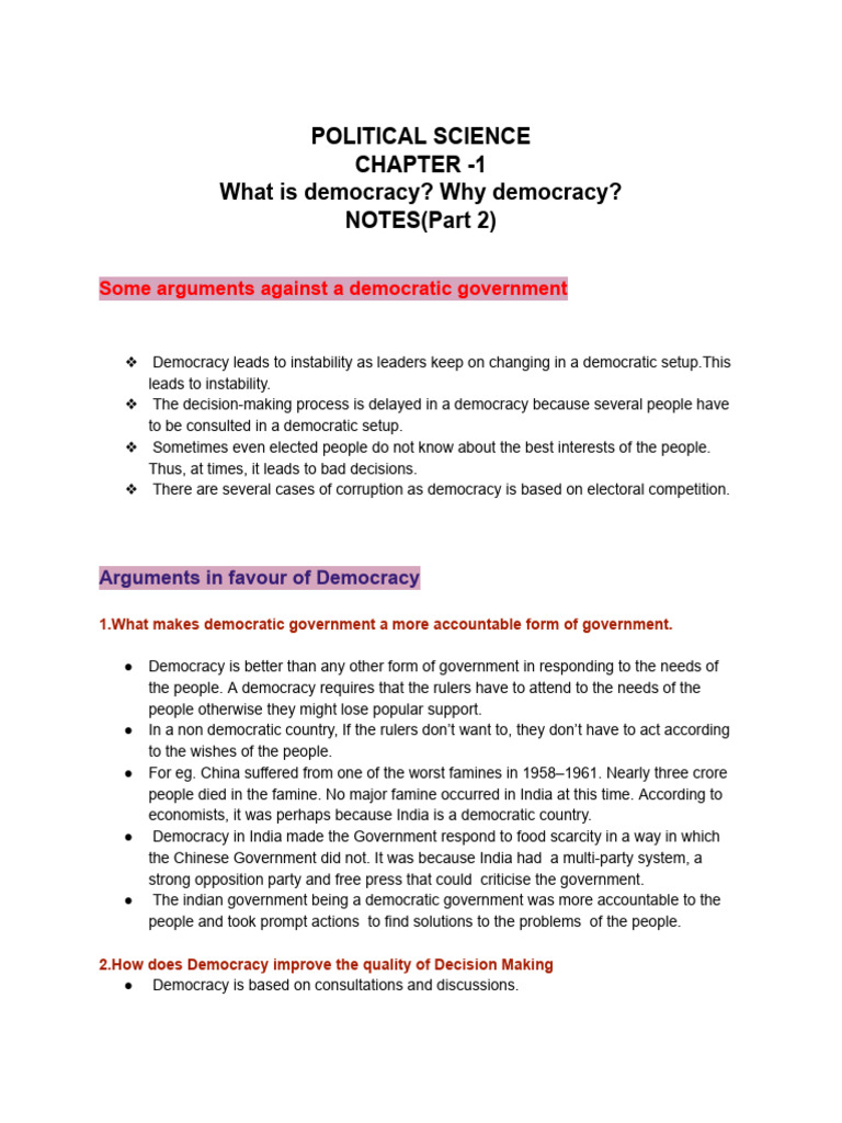 CH 1 Political Science Why Democracy Notes | PDF | Democracy ...