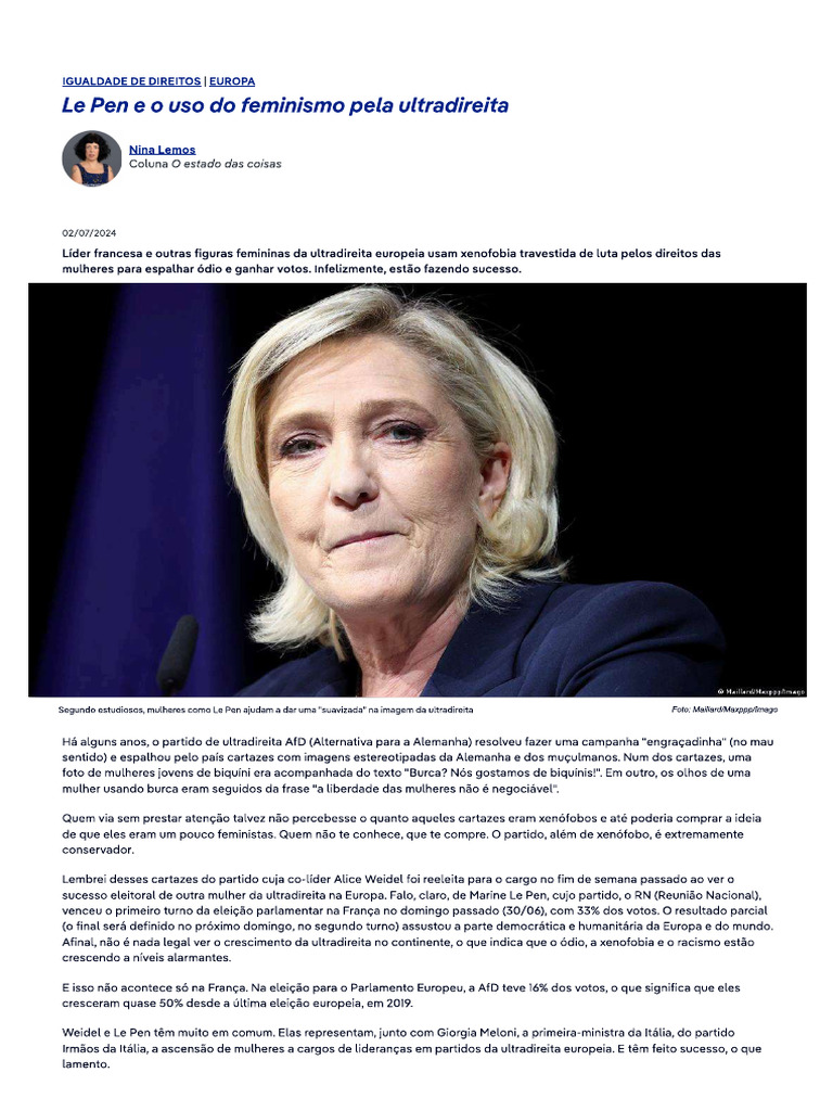 Le Pen e o Uso Do Feminismo Pela Ultradireita | PDF Le Pen e o Uso Do Feminismo Pela Ultradireita | PDF