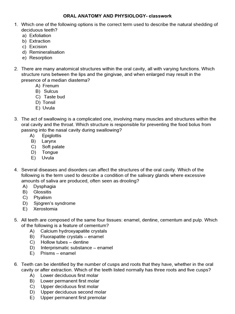 Oral Anatomy and Physiology Quiz Guide | PDF | Human Tooth | Tooth Enamel