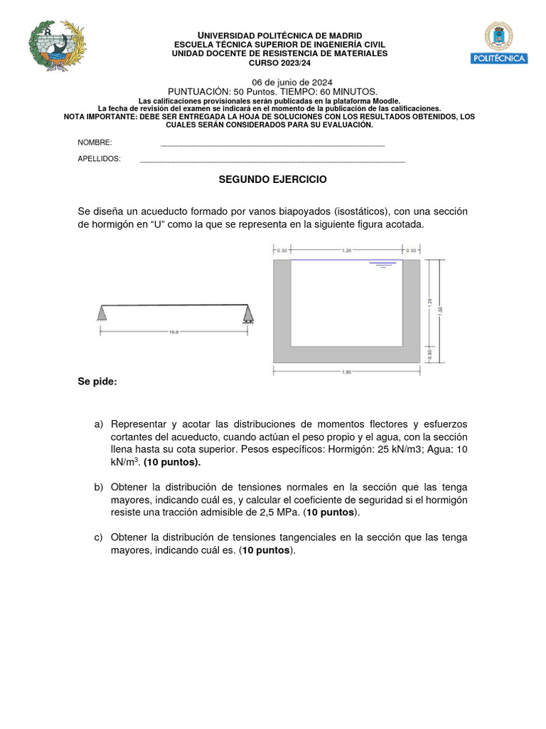 Solución Examen Ordinario 23 2024 Resistencia de Materiales (Ej2) | PDF | Resistencia de ...