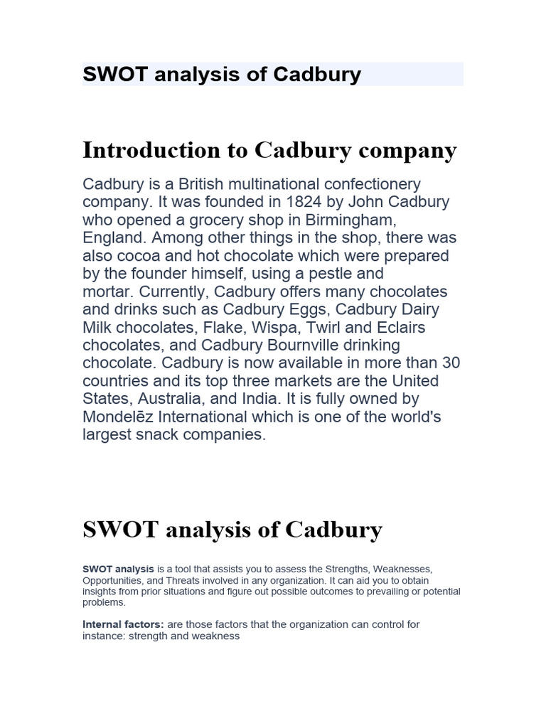 Cadbury SWOT Analysis Overview | PDF | Swot Analysis | Brand