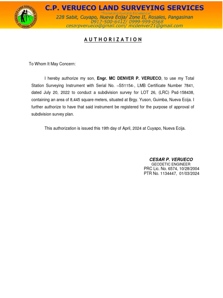 Authorization To Use Total Station | PDF