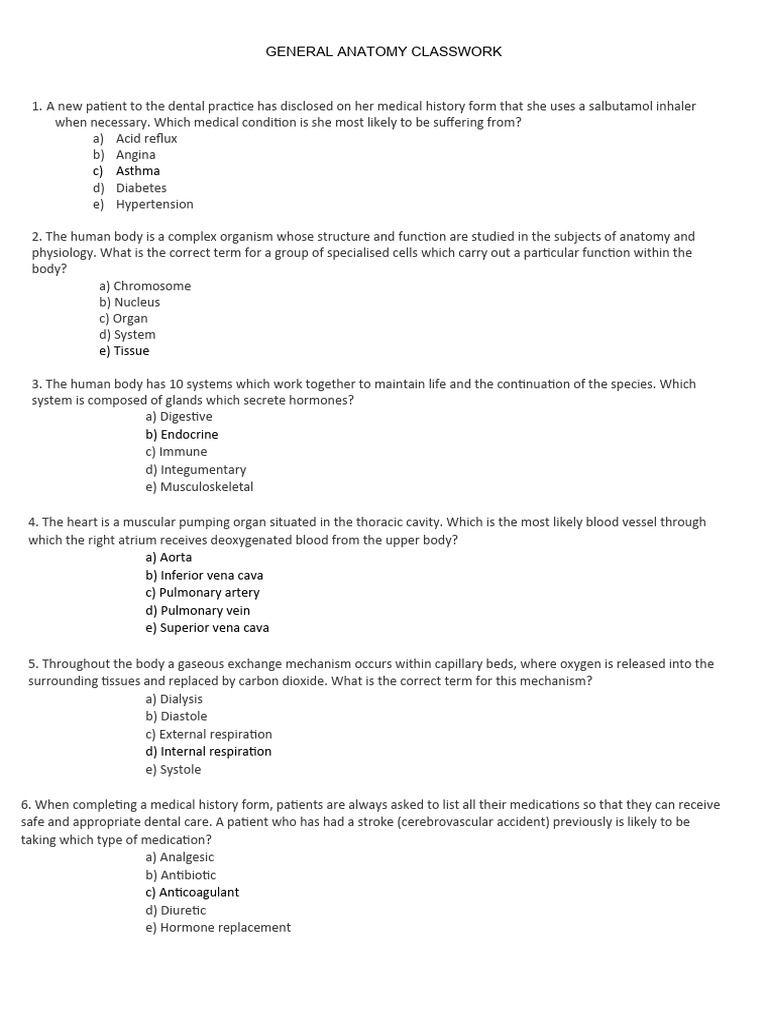 General Anatomy and Physiology - End of Session Test and Answers | PDF ...