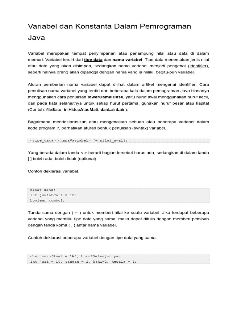 Variabel Dan Konstanta Dalam Pemrograman Java | PDF