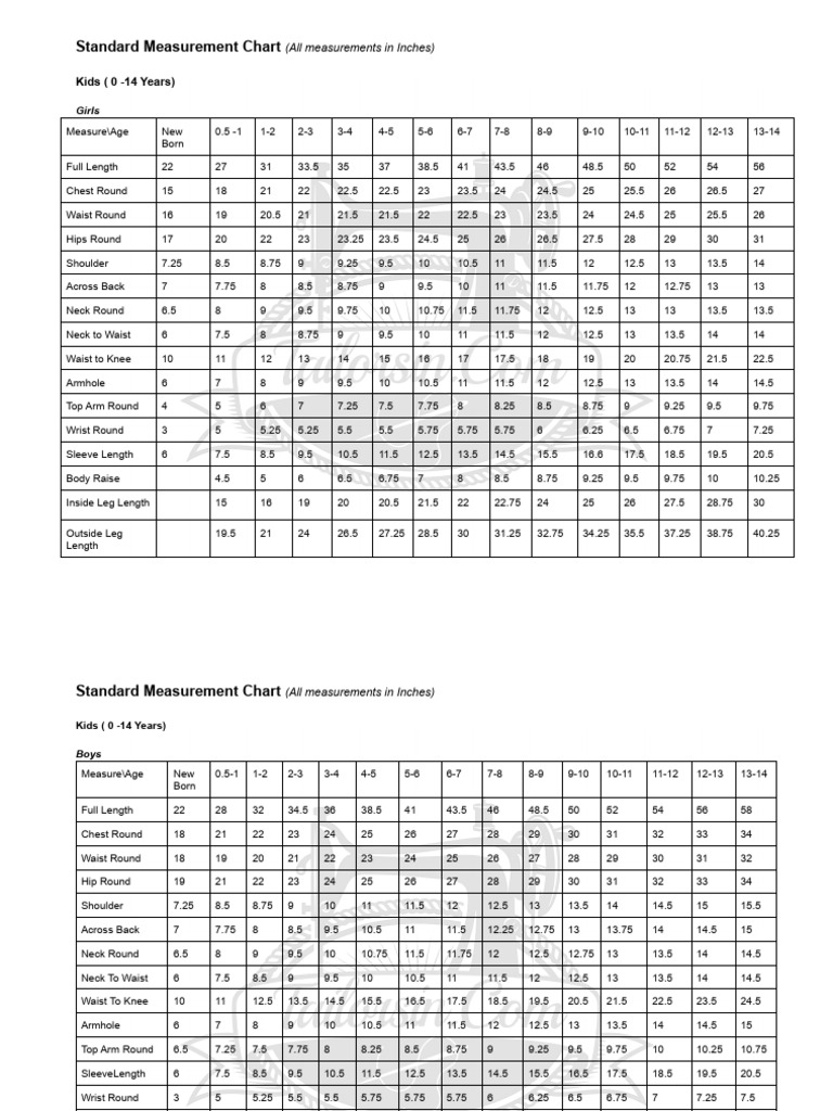 Standard Measurement Chart: Kids (0 - 14 Years) | PDF | Fashion | Clothing