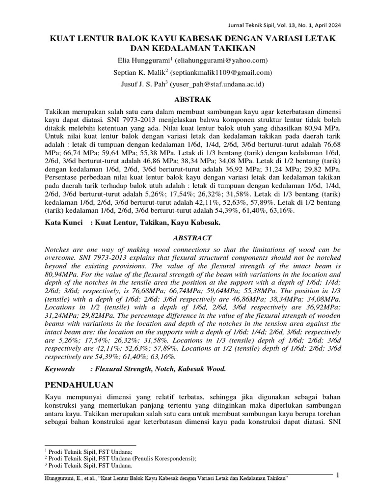 Kuat Lentur Balok Kayu Kabesak Dengan Variasi Letak Dan Kedalaman ...