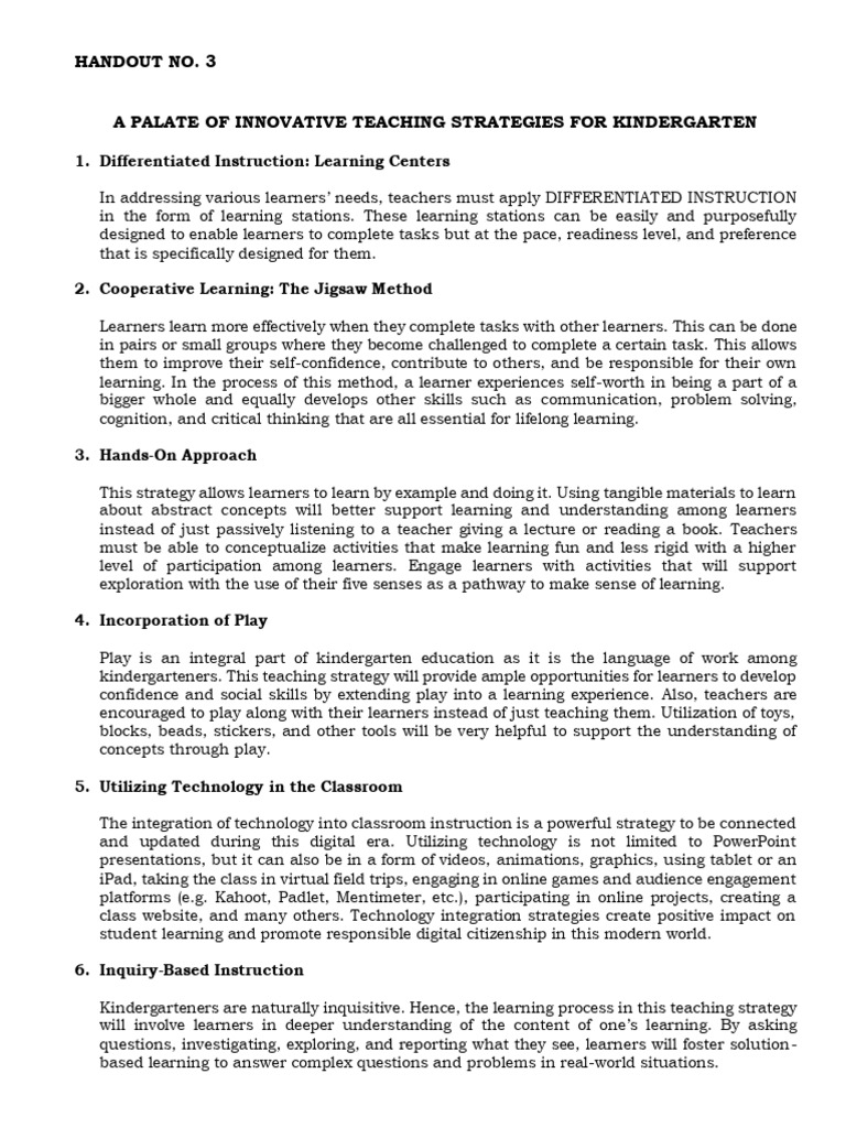 Handout 3 - Kindergarten Teaching Strategies | PDF | Learning | Differentiated Instruction