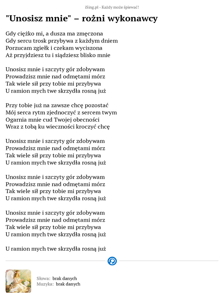 Tekst Rozni Wykonawcy Unosisz Mnie You Raise Me Up Po Polsku Rymwve | PDF