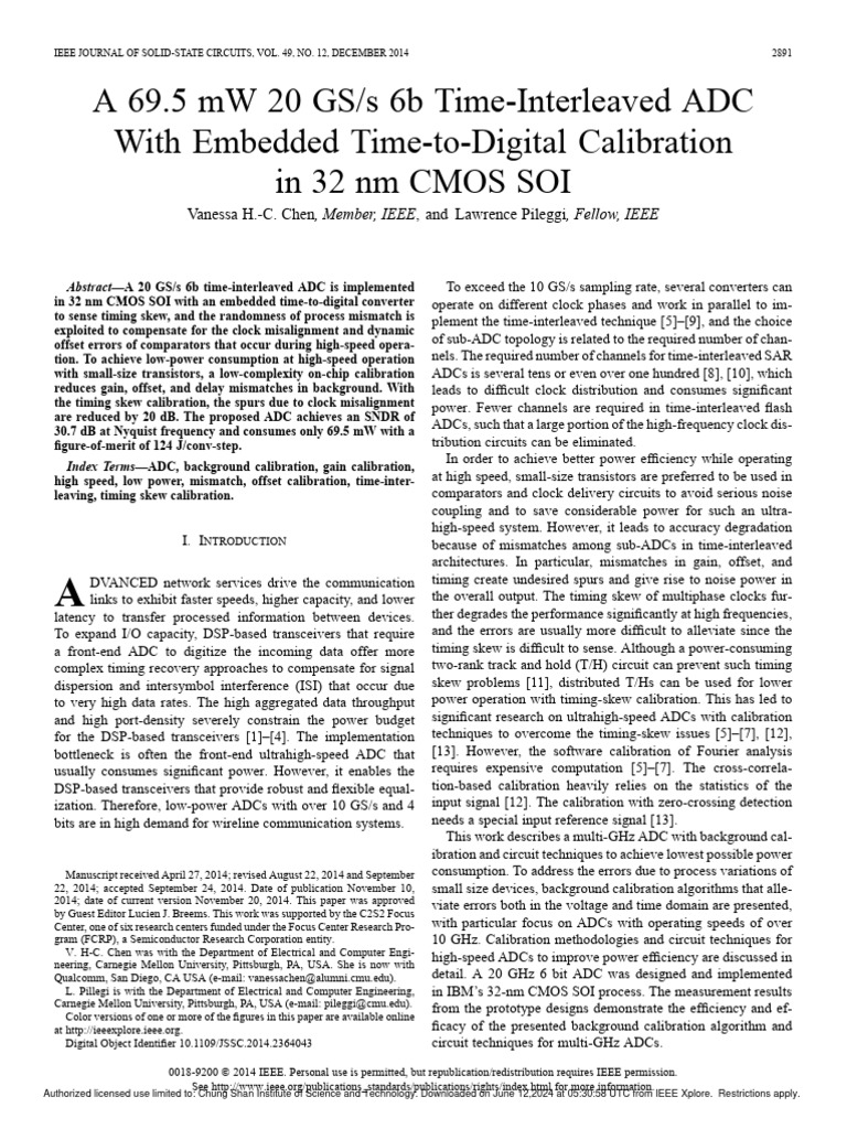 A 69.5 MW 20 GS S 6b Time-Interleaved ADC With Embedded Time-To-Digital Calibration in 32 NM ...
