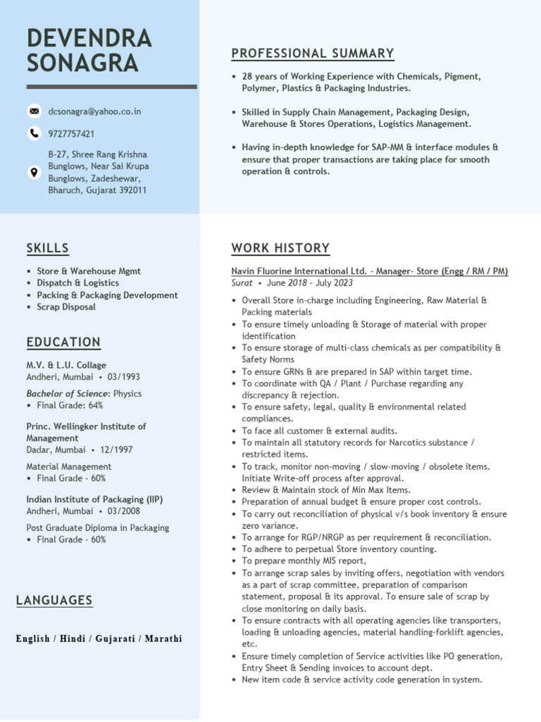 DEVENDRA Resume Au23 | PDF | Logistics | Warehouse