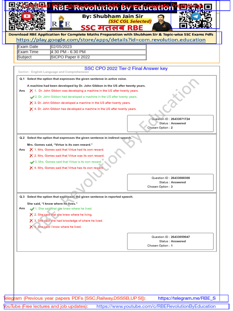 SSC CPO 2022 T-2 Final Answer Key - RBE | PDF | Question | Linguistics