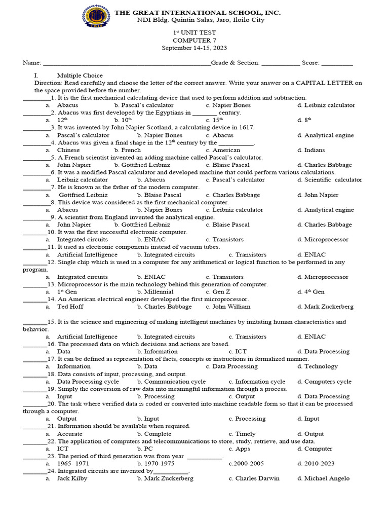 Computer 7 Unit Test Overview | PDF | Central Processing Unit ...
