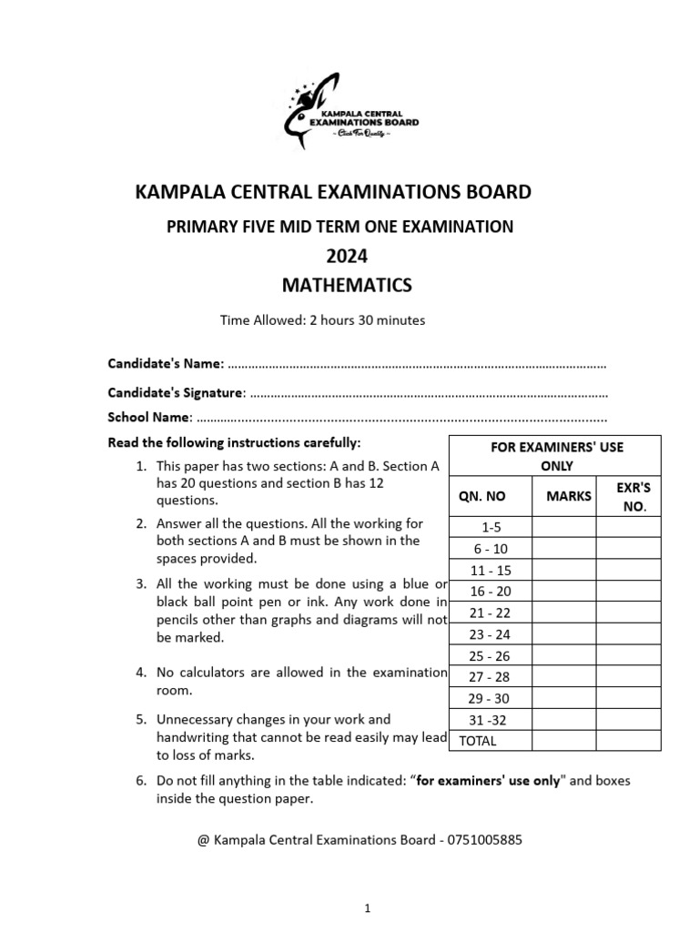 Primary Five Math Exam 2024 | PDF | Area | Mathematics