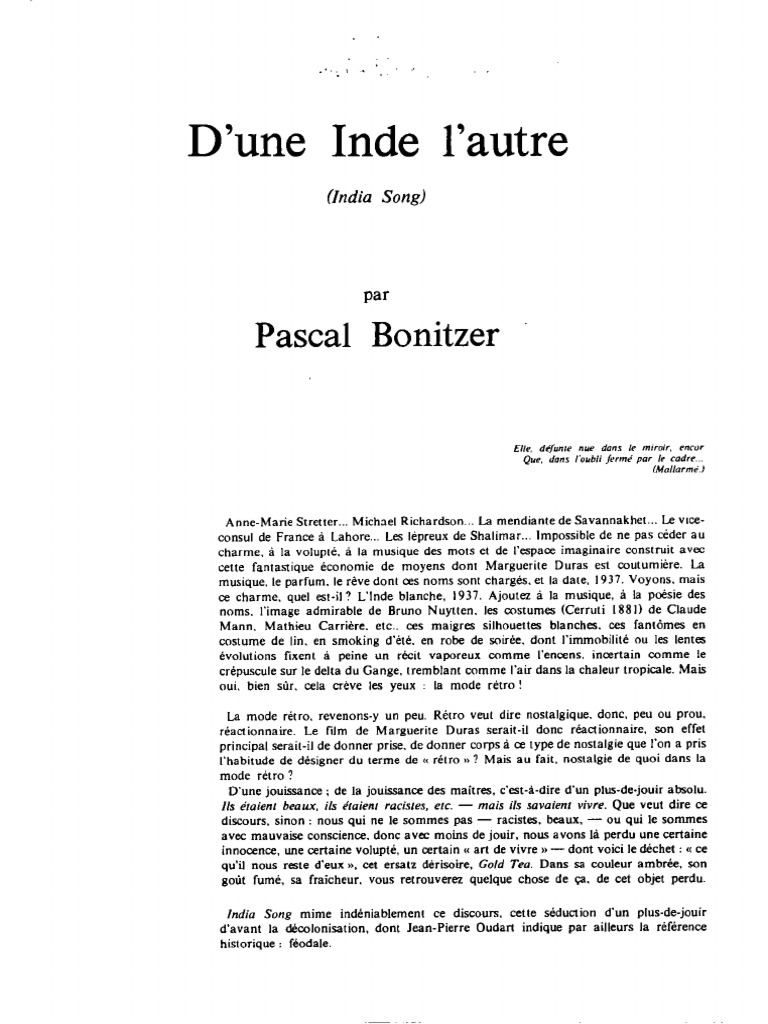 CDC 258-259 INDIA SONG Pascal Bonitzer | PDF