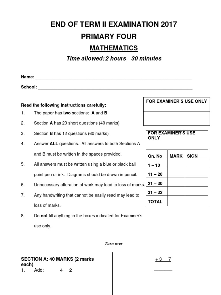 Primary 4 Mathematics Exam Term II 2017 | PDF
