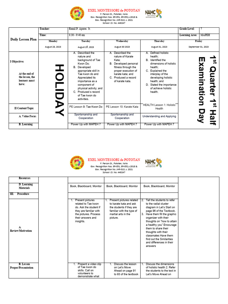 Daily Lesson Plan. August 28-Sept. 01 2023 | PDF | Behavior Modification | Cognition