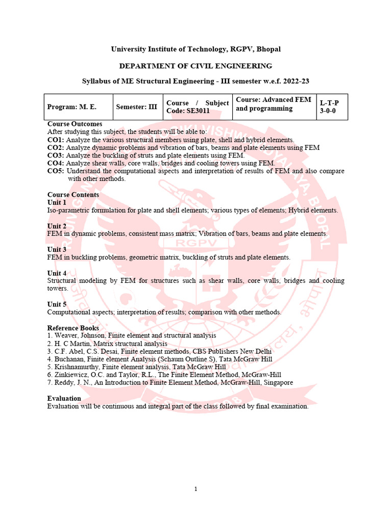 ME Structural Engineering Syllabus 2022-23 | PDF | Buckling | Reliability Engineering