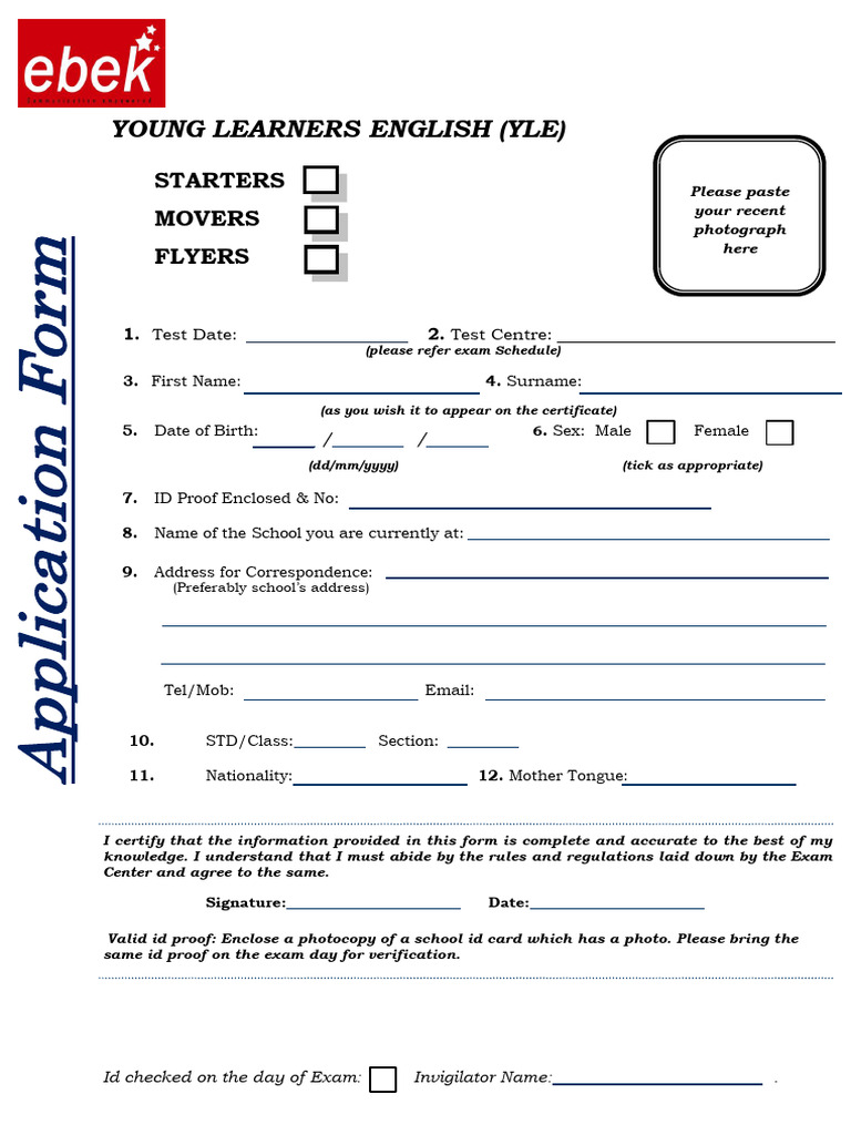 YLE Application Form - Gen | PDF