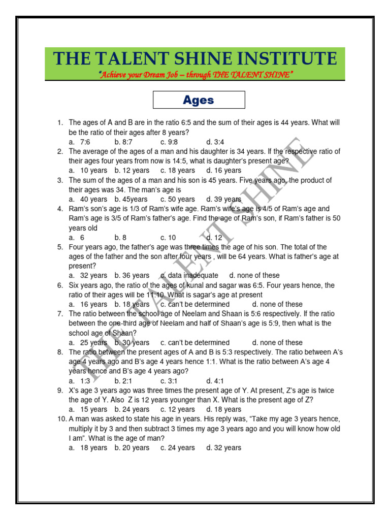 Ages Handout | PDF | Arithmetic | Mathematics