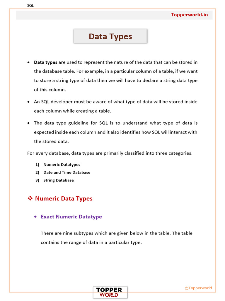 SQL Data Type | PDF | Data Type | Table (Database) SQL Data Type | PDF | Data Type | Table (Database)
