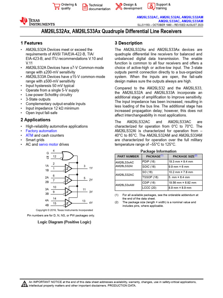 AM26LS32Ax, AM26LS33Ax Quadruple Differential Line Receivers | PDF ...