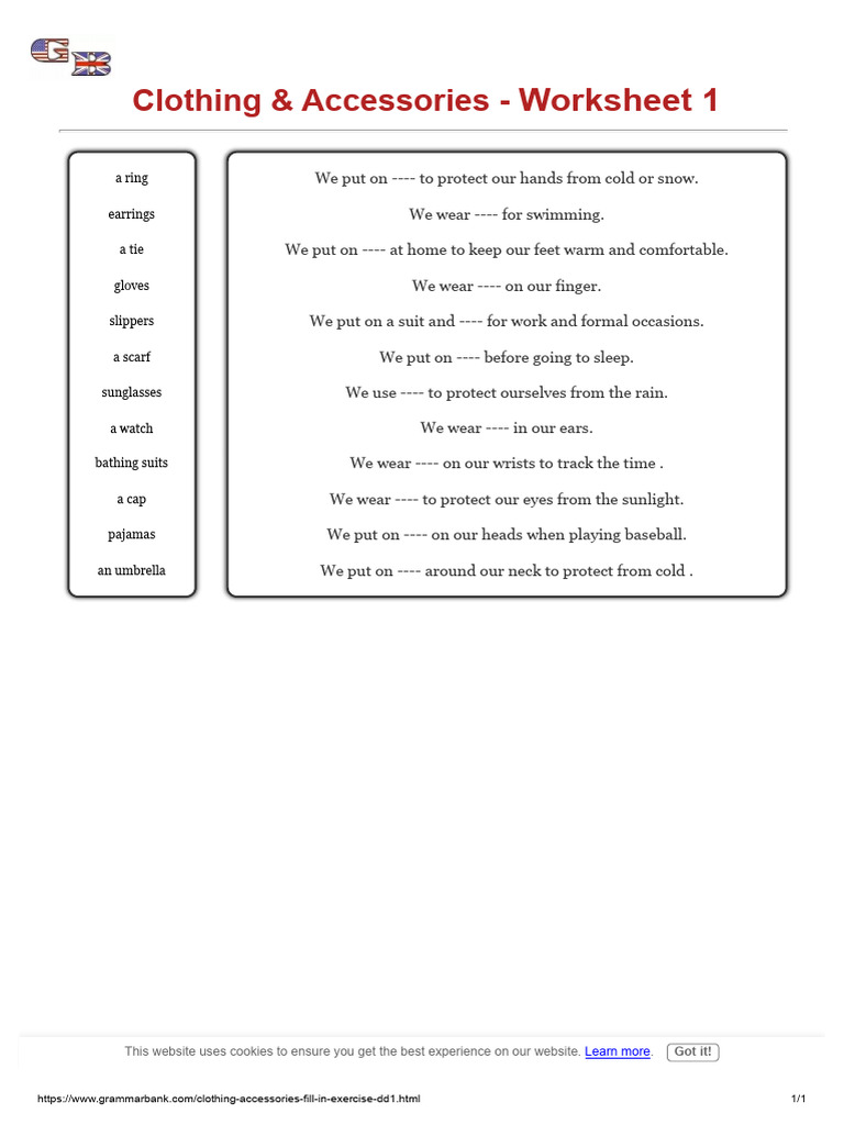 Clothing And Accessories Fill in Exercise 1 – GrammarBank | PDF