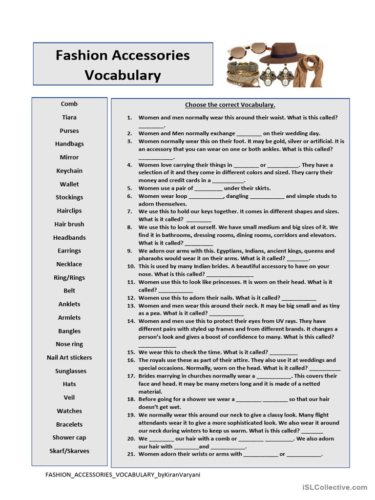 Fashion Accessories Vocabulary | PDF | Bracelet | Handbag