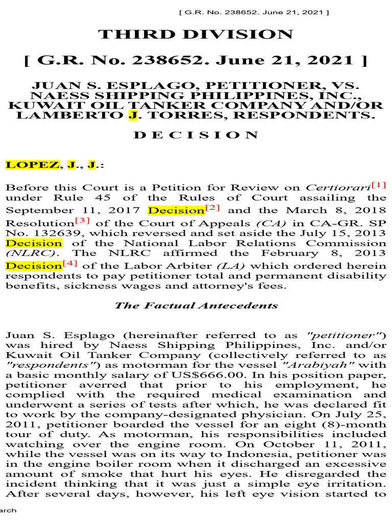 Esplago Vs NAESS SHIPPING PHILIPPINES INC Et Al | PDF | Employment | Cataract