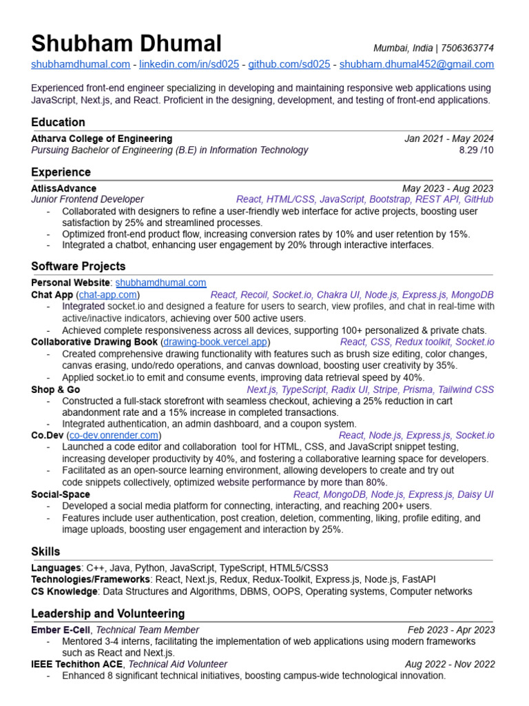 Theshubhamdhumal Resume 4 | PDF | Java Script | Websites