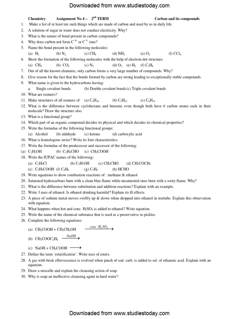 Class 10 Carbon Compounds Worksheet | PDF | Chemical Bond | Chemical ...