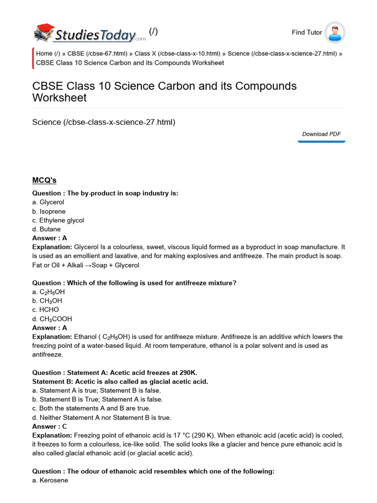 CBSE Class 10 Science Carbon and Its Compounds Worksheet 4 | PDF ...