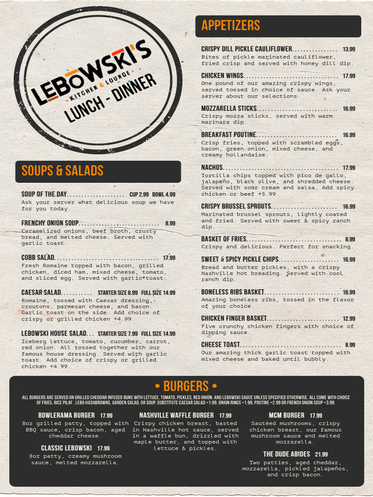 Lebowski's Grill Menu Overview | PDF | Hamburgers | Western Cuisine