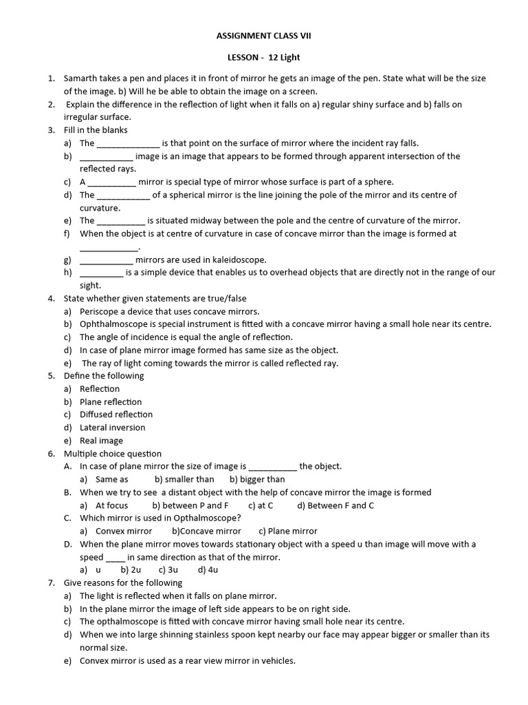 L-12 Light Assignment Class Vii | PDF | Mirror | Reflection (Physics)