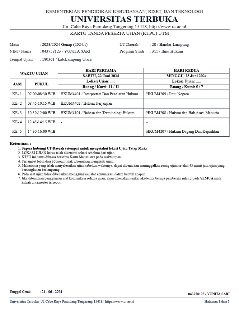 Ys Kartu Ujian | PDF