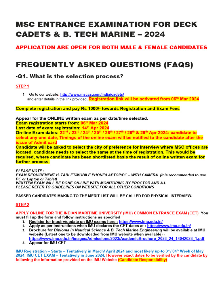 Faq For Deck Cadets & B. Tech Marine Exam 2024 | PDF | University And ...
